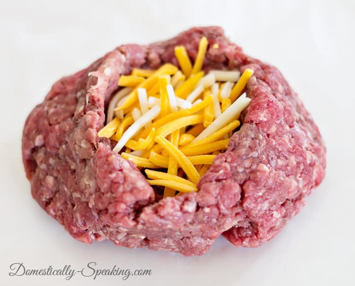 Cheese Filled Burgers with Barbeque Ranch Dressing - Domestically Speaking