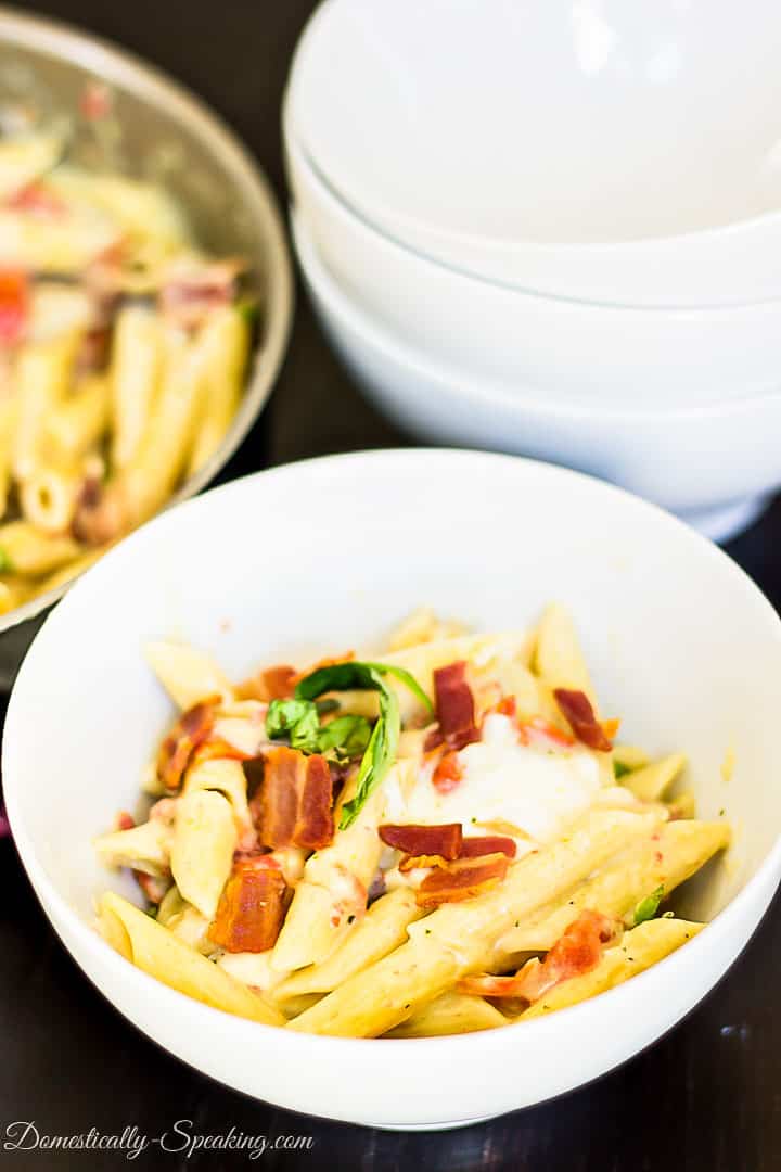Creamy Garlic, Bacon and Tomato Penne with Mozzarella - Domestically ...